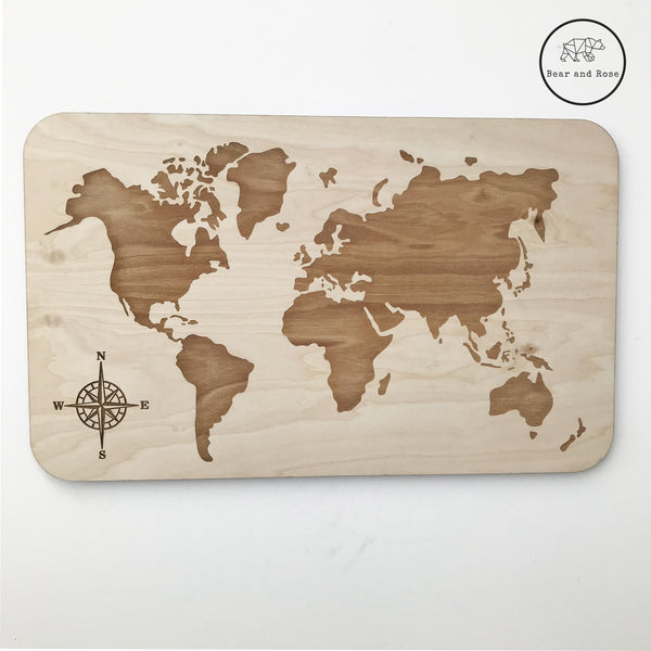 Wooden Engraved World Map Plaque | Bear and Rose